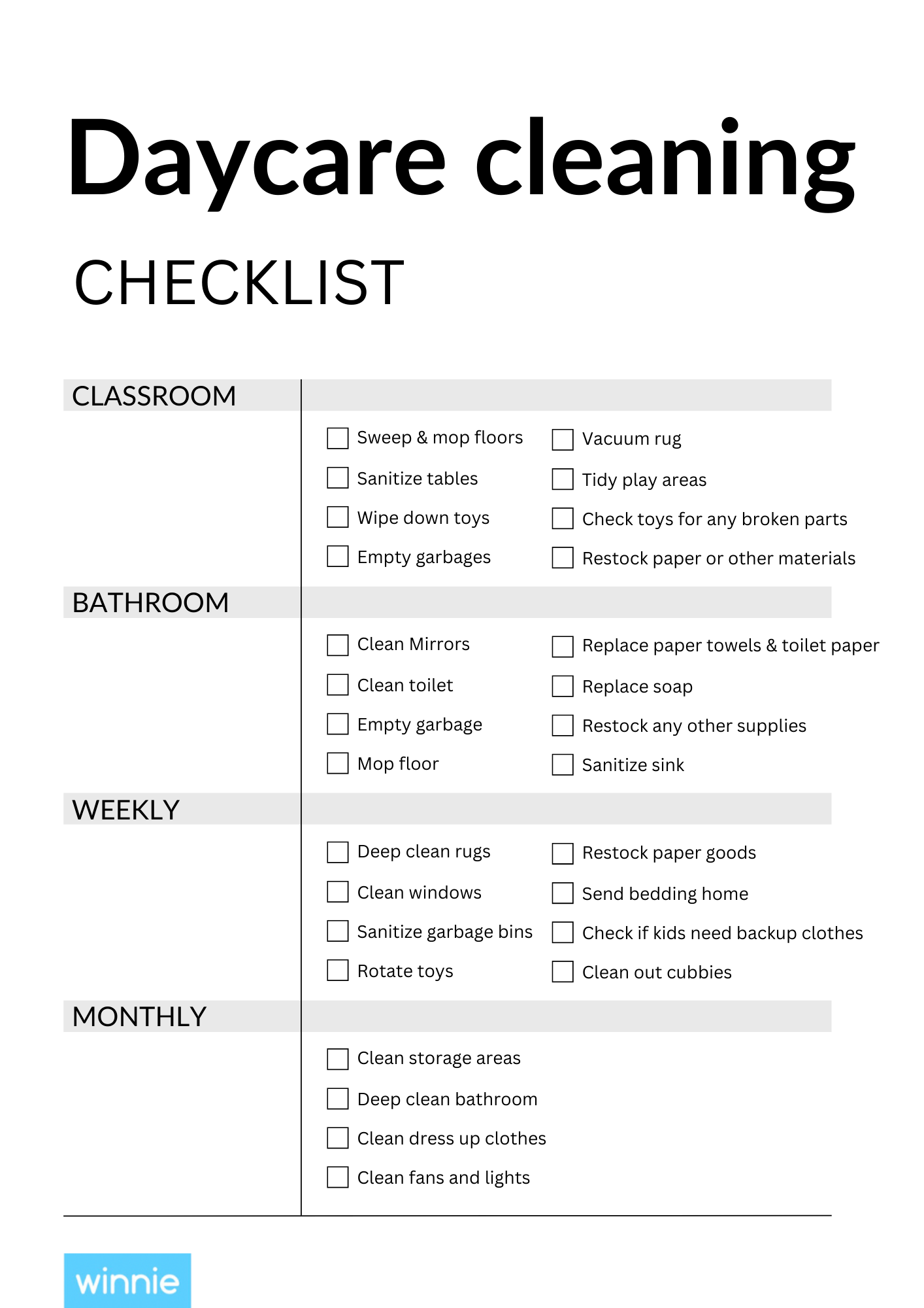 Daycare Cleaning Checklist